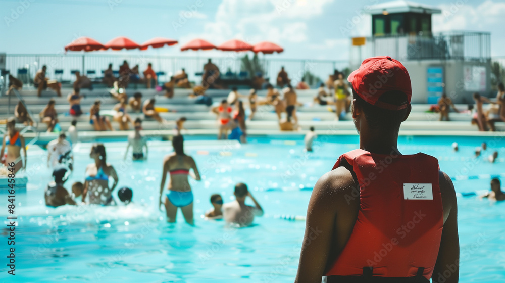 In the crowd of swimmers at a public swimming pool, we see a lifeguard ...