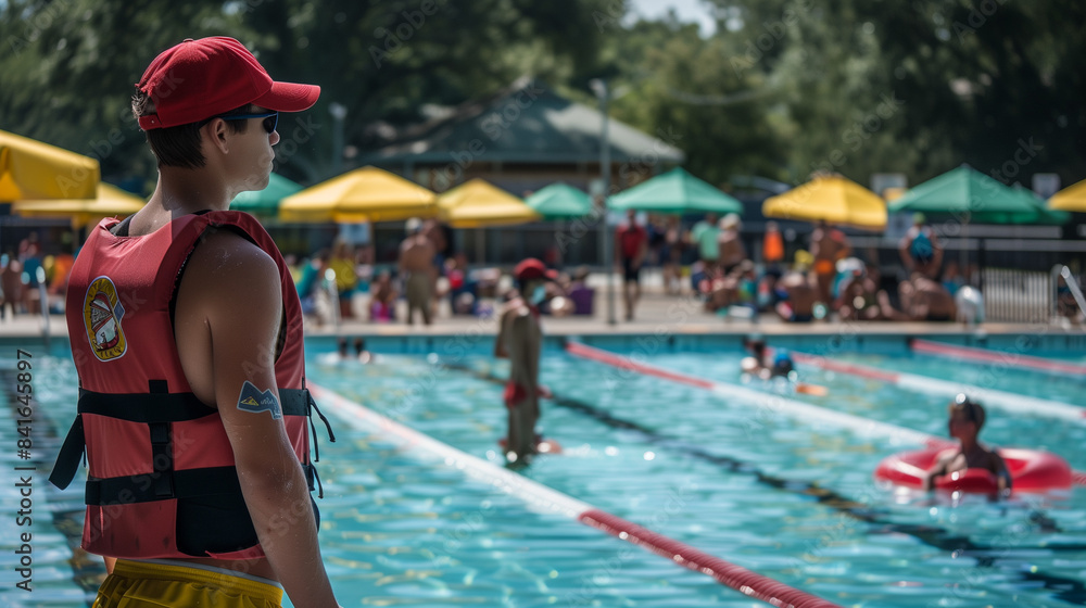 In the crowd of swimmers at a public swimming pool, we see a lifeguard ...