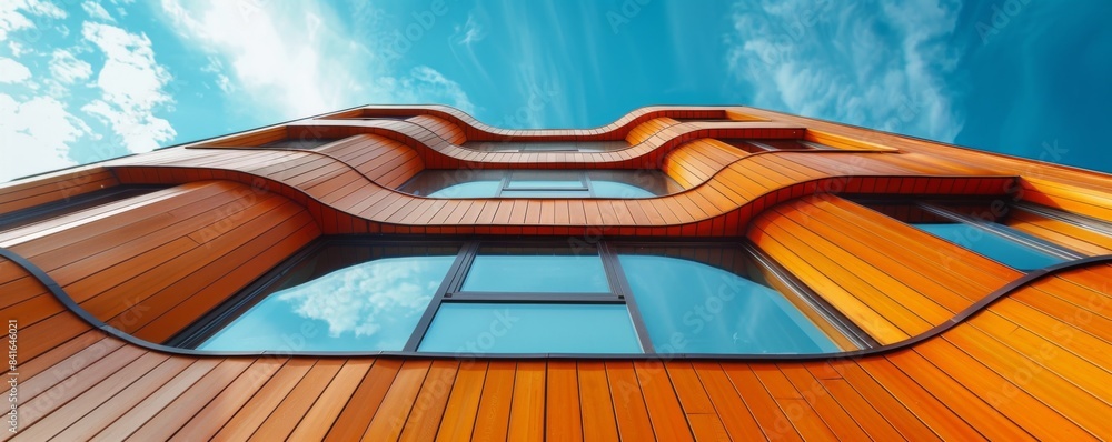 abstract building with wooden facade pattern on a blue sky background ...