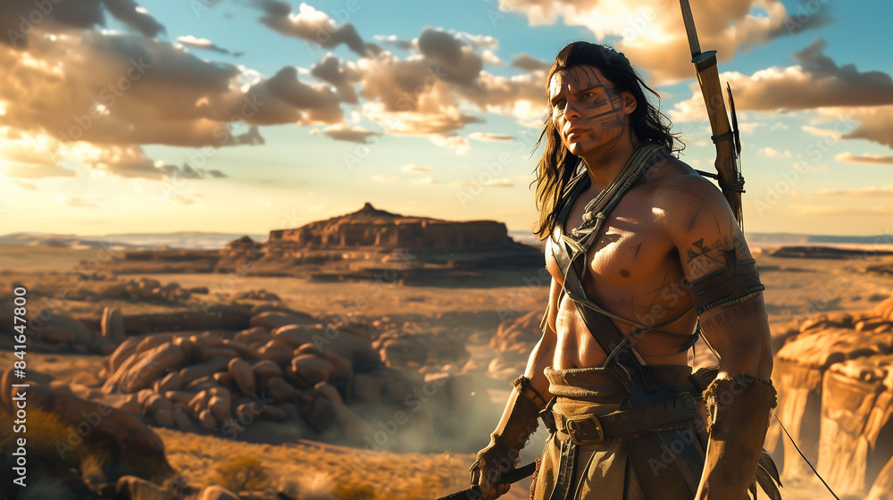 Rugged Wild West warrior, adorned with war scars and armed with weapons ...