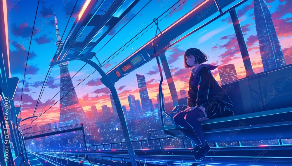 Japanese anime girl on a train with city lights, stock market graphs ...