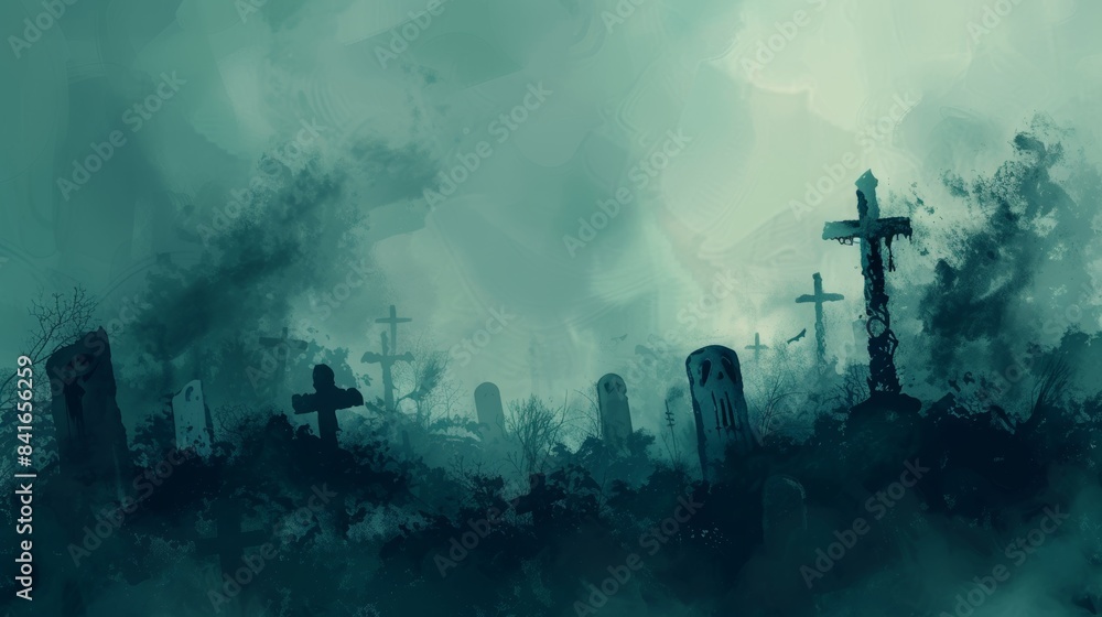 Spooky Halloween Graveyard Scene Banner with Tombstones, Skeletons, and ...