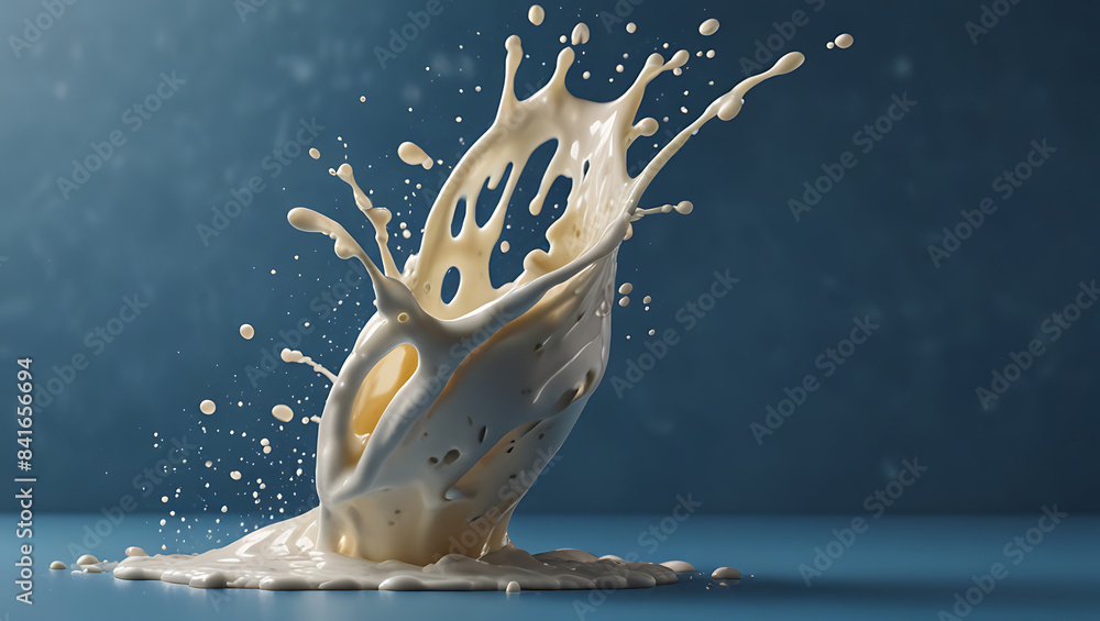 Splattered milk splash on a plain blue background like advertisement ...
