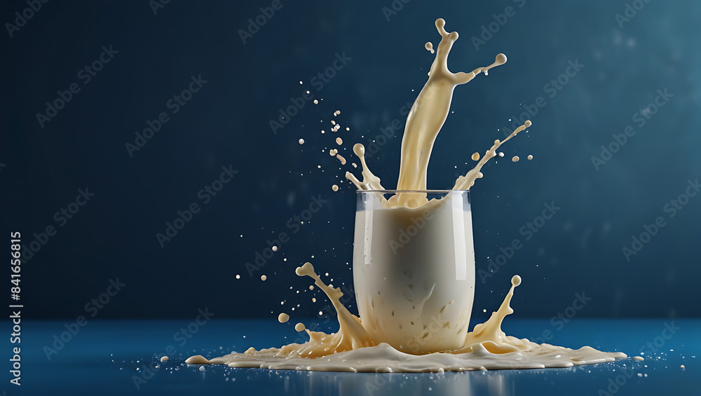 Splattered milk splash on a plain blue background like advertisement ...
