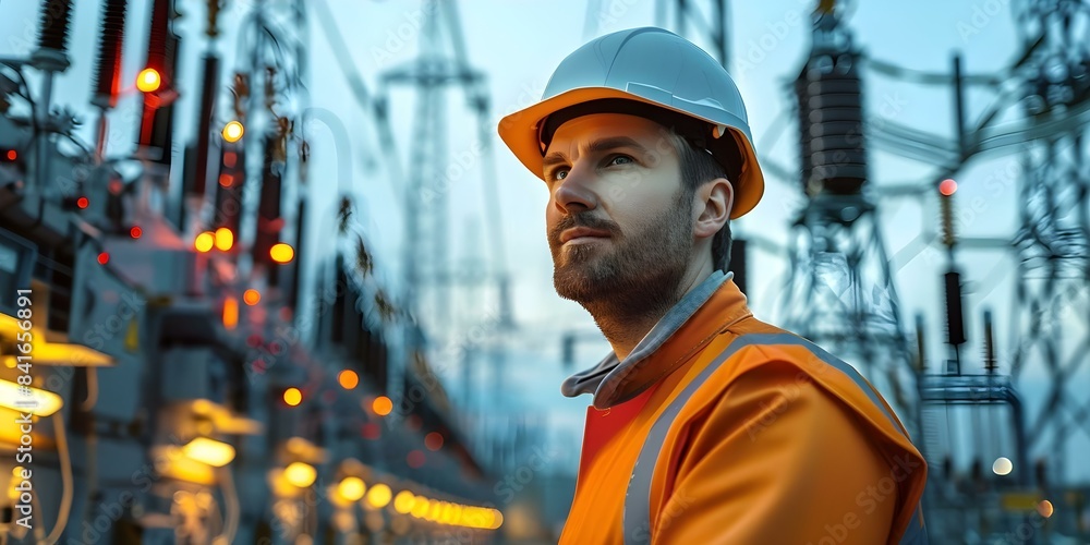 Engineer inspecting highvoltage equipment at substation. Concept ...