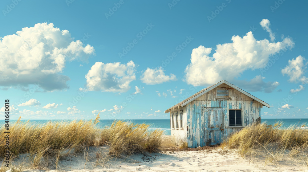 a rustic paradise with a realistic photo of a weathered beach shack ...