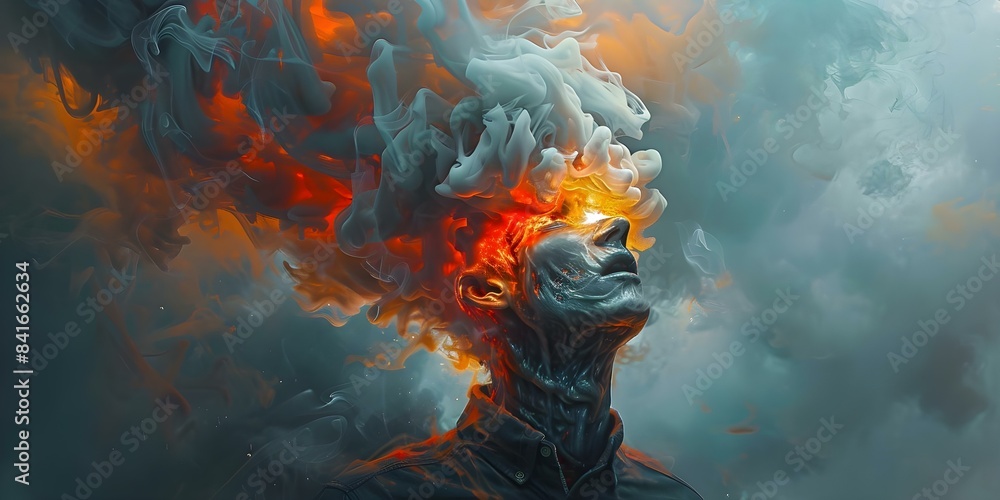 Surreal horror art depicting a young mans melting head engulfed in ...