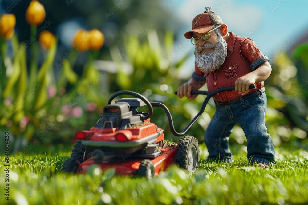 An illustration showcases a gardener pushing a lawn mower across the ...