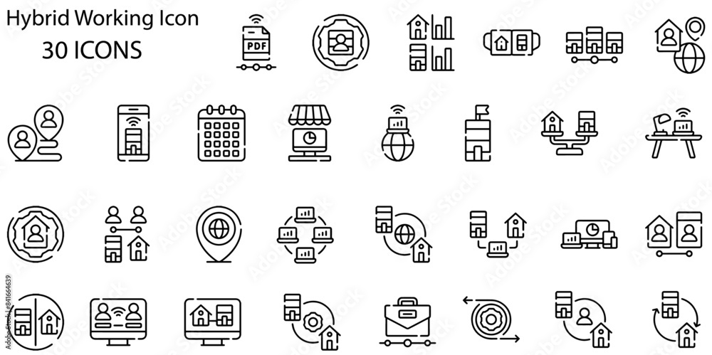 Hybrid working linear icons set. Telework and in office schedule ...