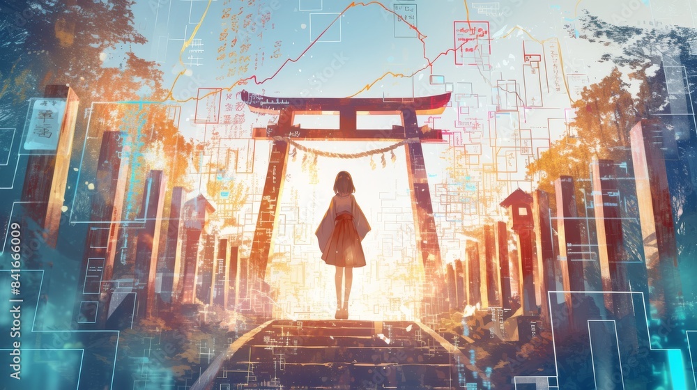Japanese anime girl near a torii gate in a beautiful garden, stock ...