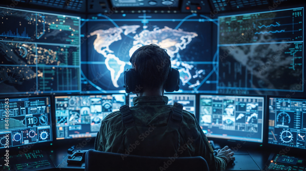 Military Personnel Monitoring Global Security Systems in High-Tech ...
