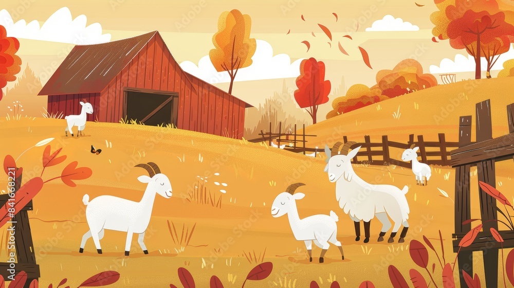 Animated cartoon illustration with farm animals and a landscape Stock ...