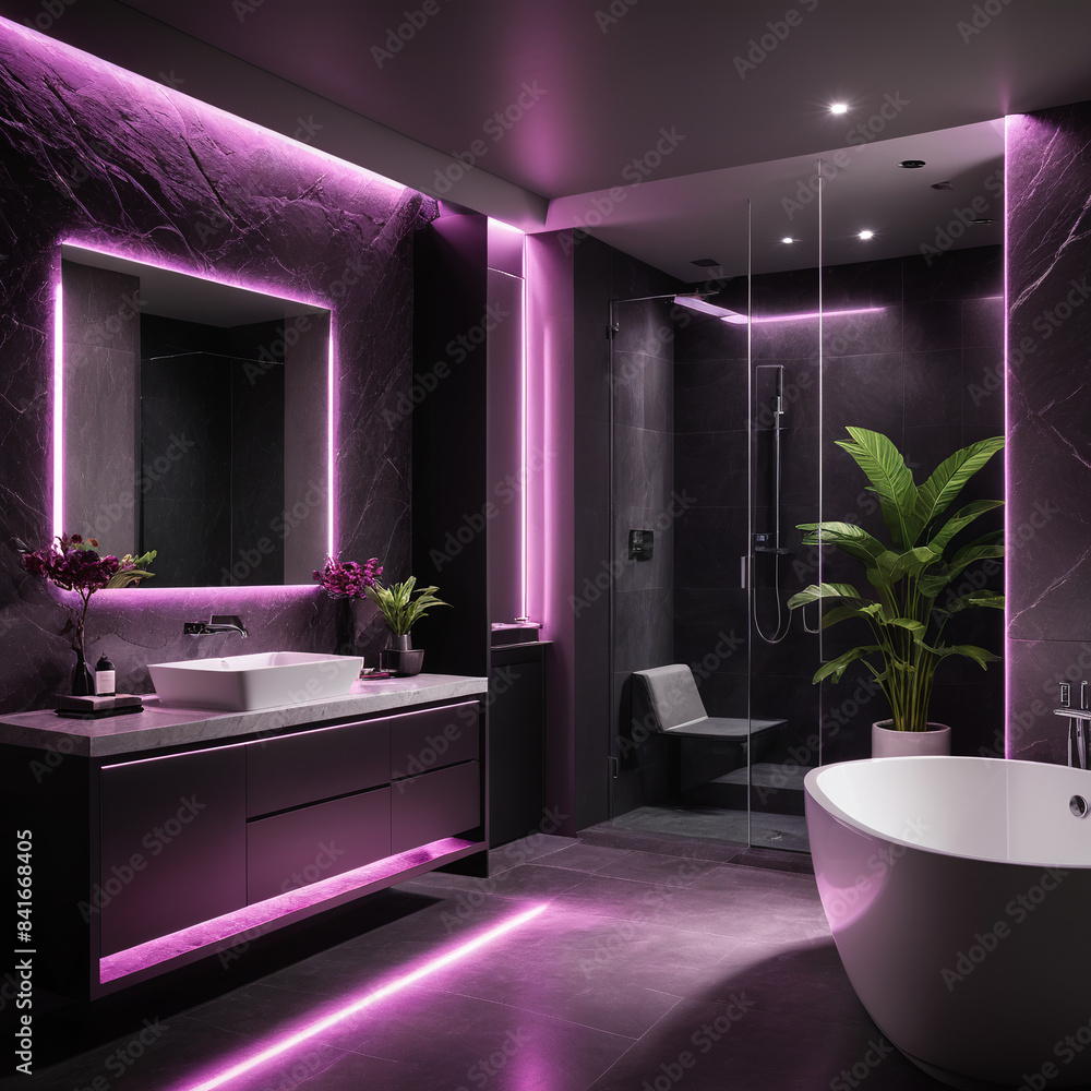 beautiful luxury modern bathroom, illuminated with moody neon lights ...