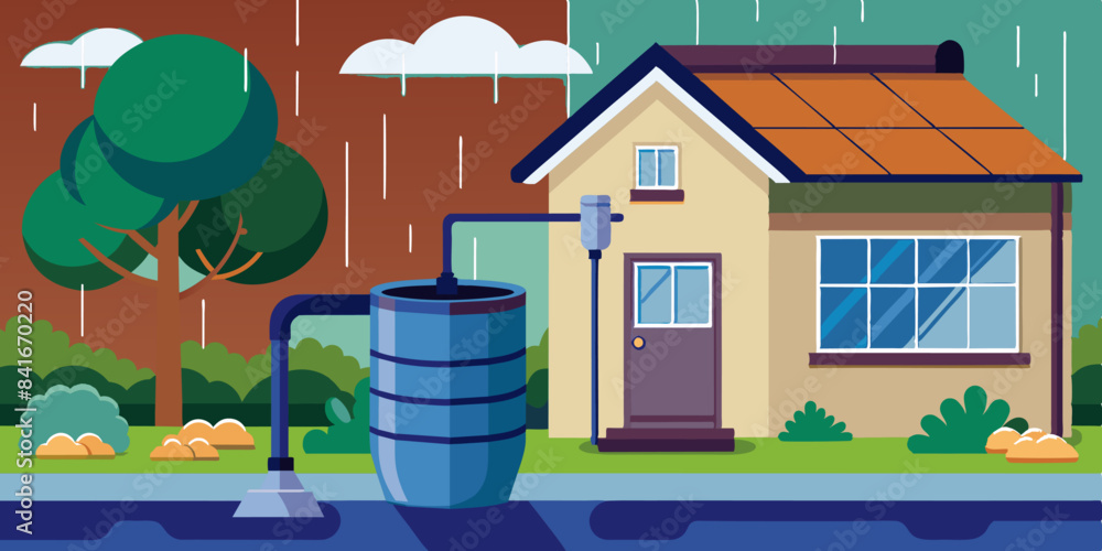 House collecting rainwater into a storage tank during a rainy day ...