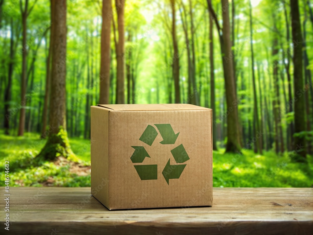 of recycled cardboard box with recycle logo against green forest ...