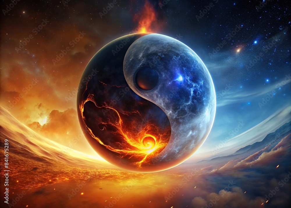 Yin yang symbol with fire and water in a panoramic , balance, harmony ...