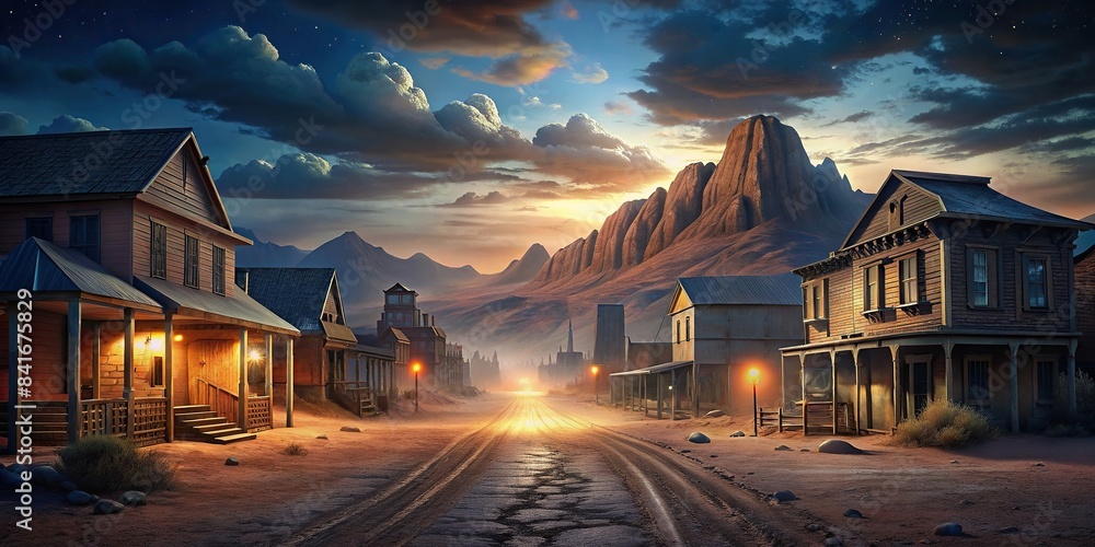 Main street and rundown building in old west ghost town at the foot of ...