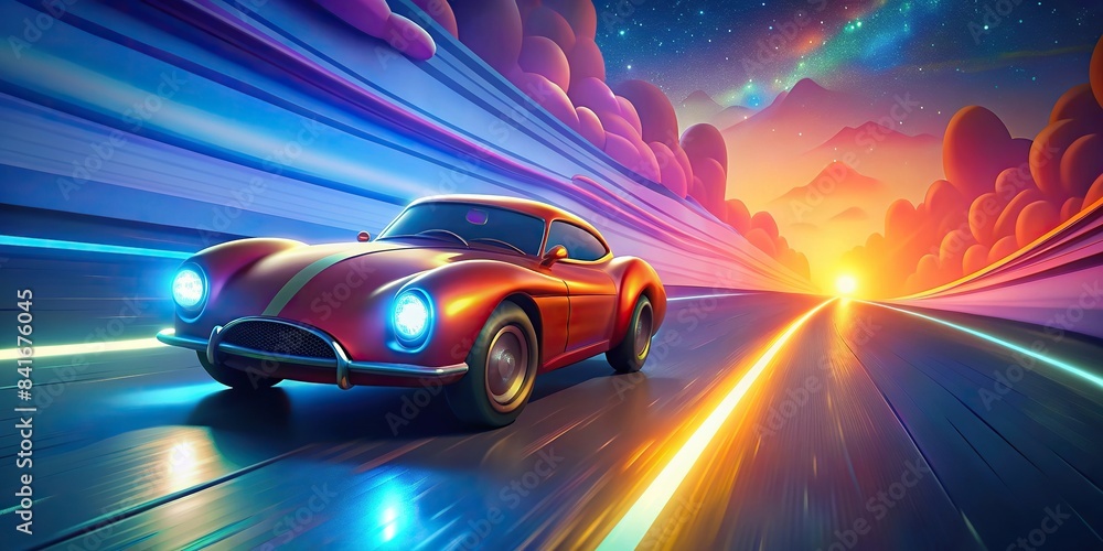 Retro race car driving on road with colorful comic book style ...