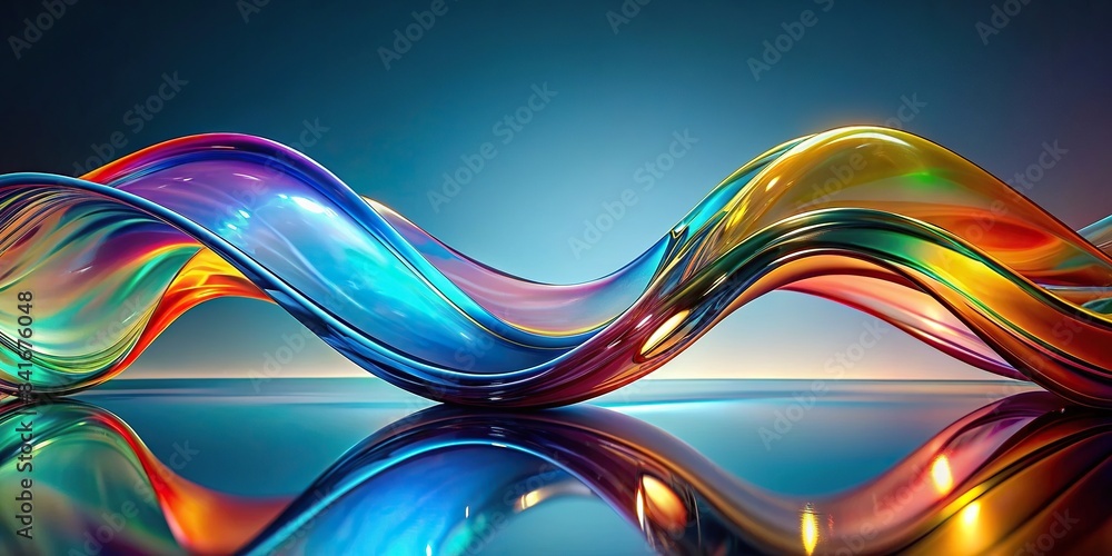 Abstract liquid glass shape with colorful reflections, ribbon of curved ...