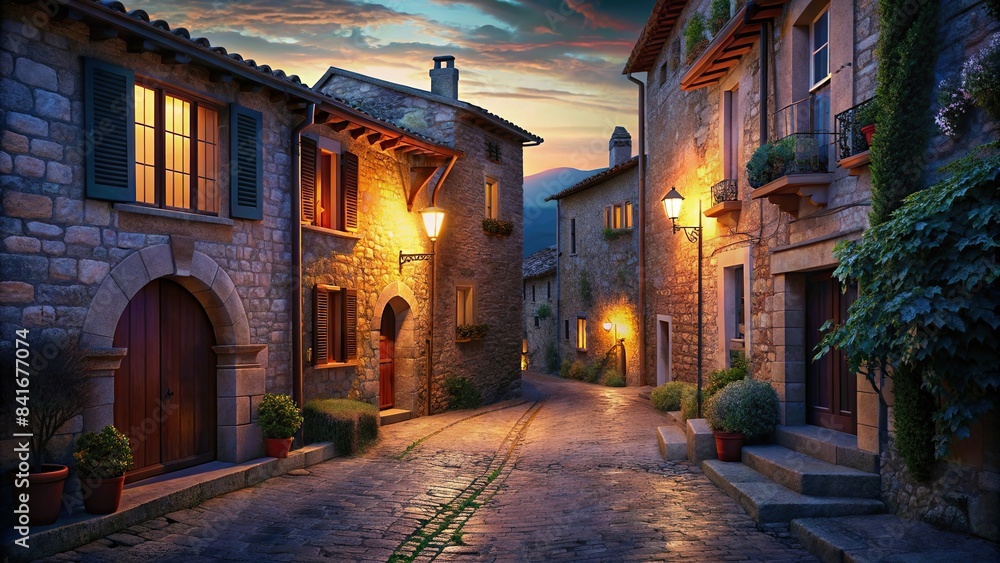 Traditional old stone houses on a street in the medieval town of Saint ...