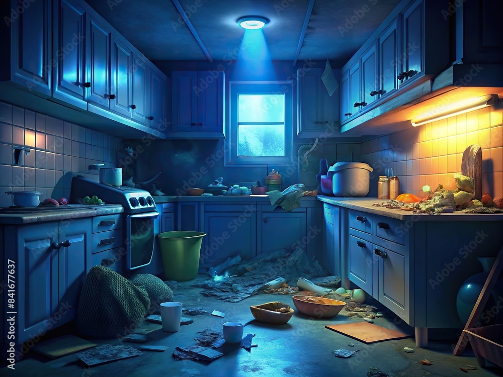 Cluttered built-in kitchen filled with garbage, waste, and food scraps ... Cluttered built-in kitchen filled with garbage, waste, and food scraps ...