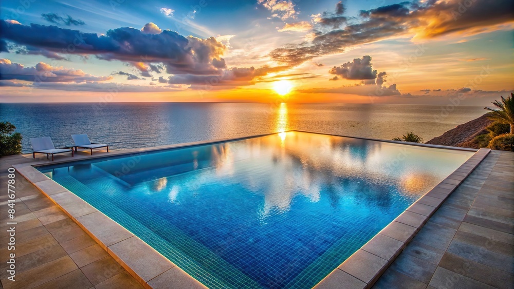 Top view of clear swimming pool on vacation at sunset, swimming pool ...
