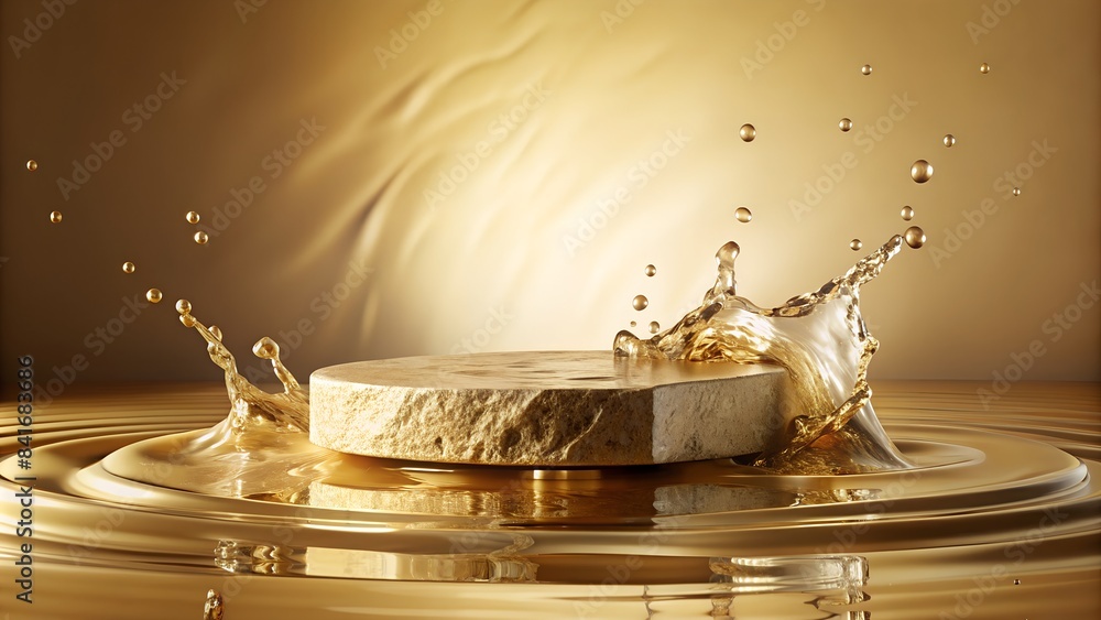 Luxurious Gold Background with Natural Stone Podium and Water Splashes ...
