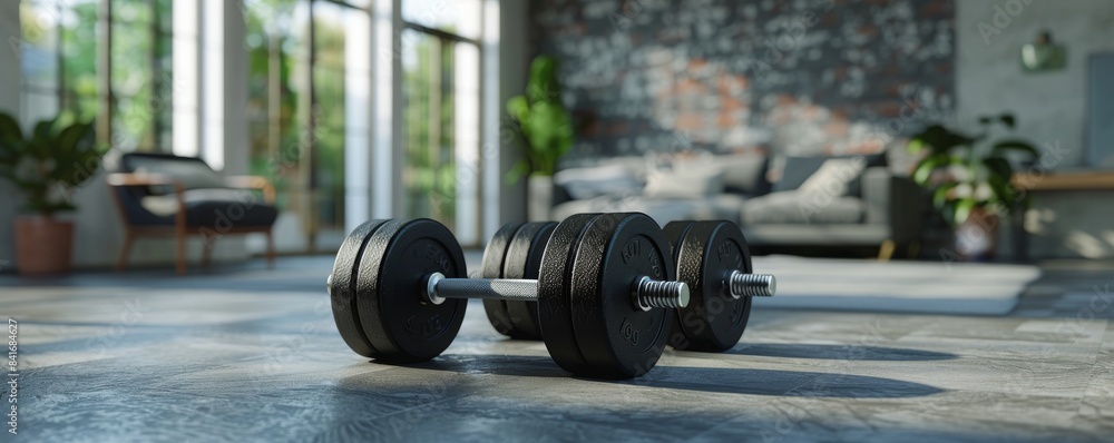 Home gym with heavy dumbbells on the floor, large windows, and plants ...