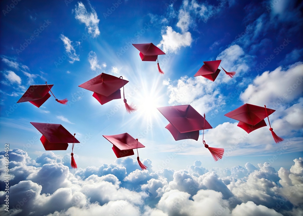 ภาพประกอบสต็อก Airborne red graduation caps in the sky among white ...