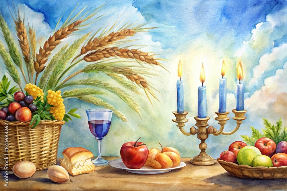 Watercolor art of Shavuot holiday scene with copyspace on side, Shavuot ...