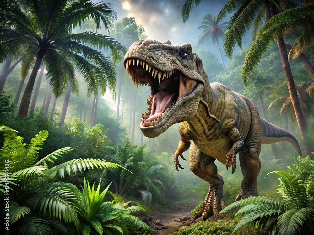 Detailed of T rex hunting in lush prehistoric jungle, dinosaur, T rex ...