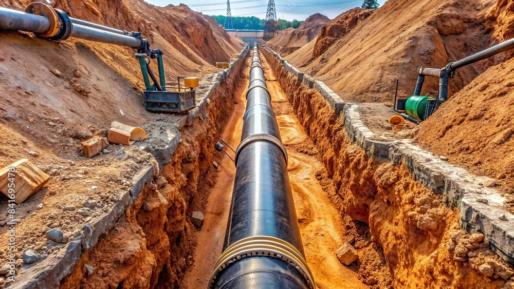 Metal pipe being installed in a trench with dirt, representing pipeline ...