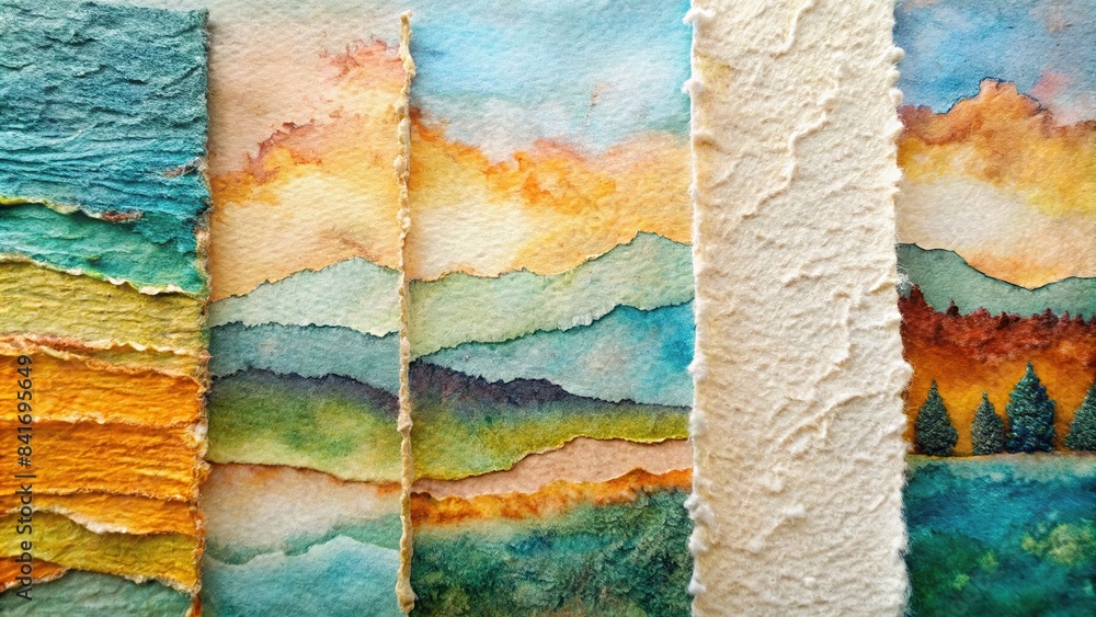 Abstract vertical paper landscape with handmade textured art and ...