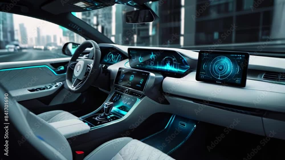 The video shows the inside of a futuristic car with a steering wheel, a ...