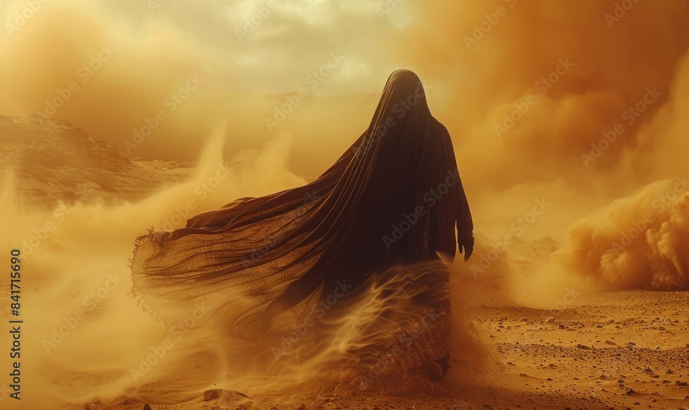 Ethereal Woman Draped in Yellow Cloak Amidst a Sandstorm in Desert ...