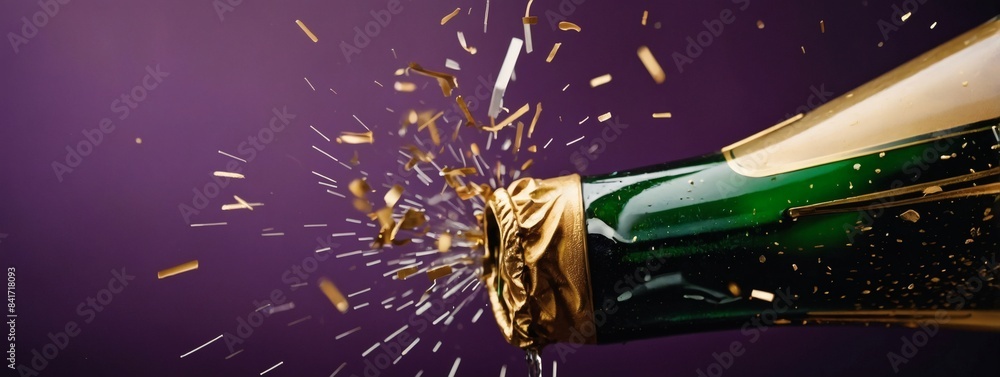 Bottle of champagne popping with a spray of confetti on a purple ...