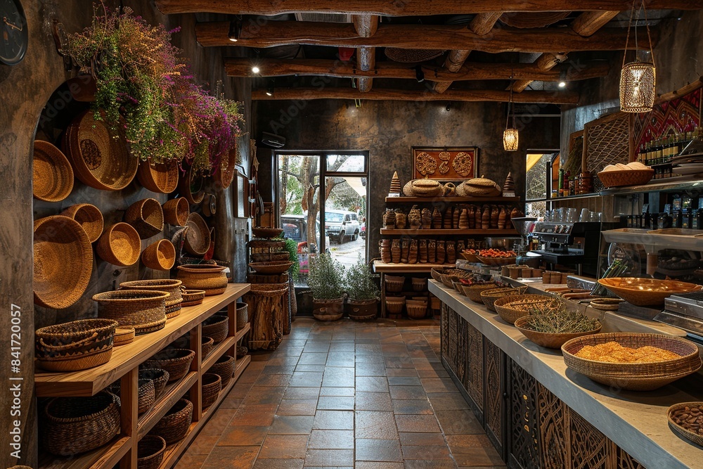 This image depicts a rustic countryside African kitchen, featuring mud ...