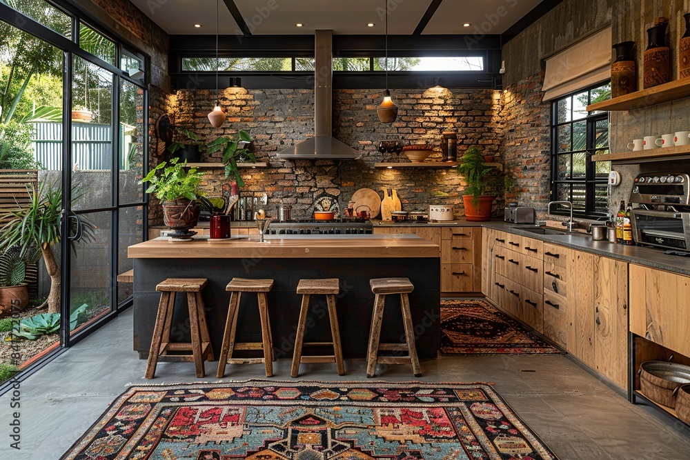 This image depicts a rustic countryside African kitchen, featuring mud ...