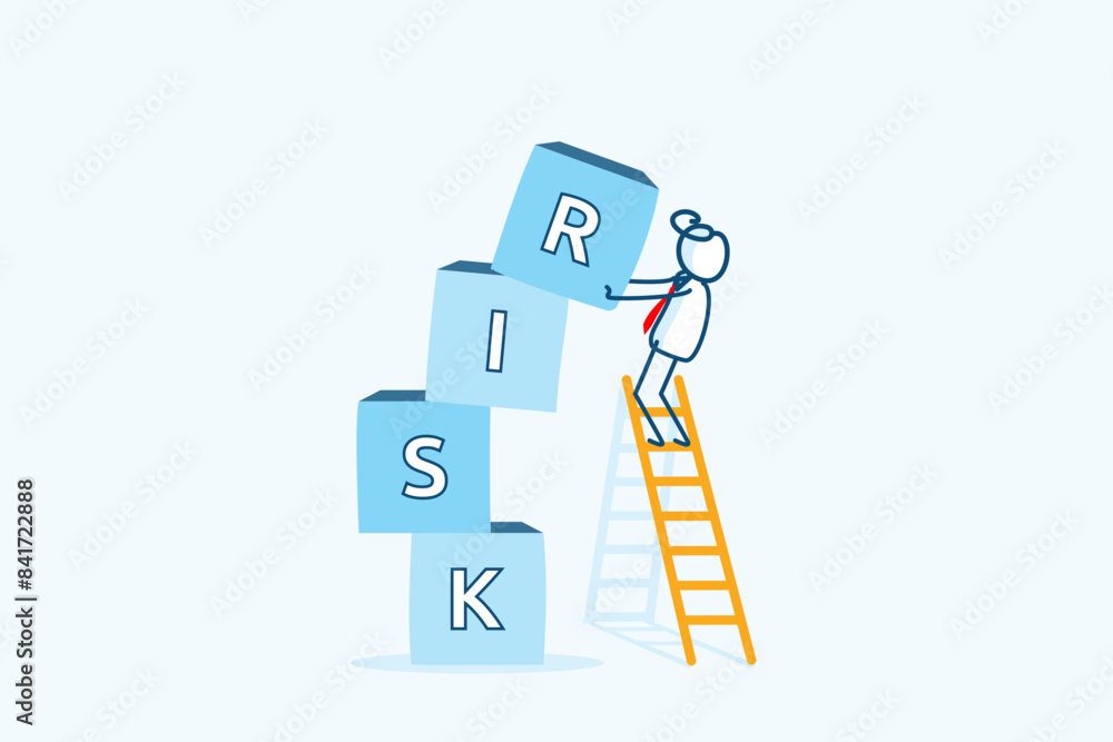 businessman stick figure character on ladder placing cube risk cubes ...