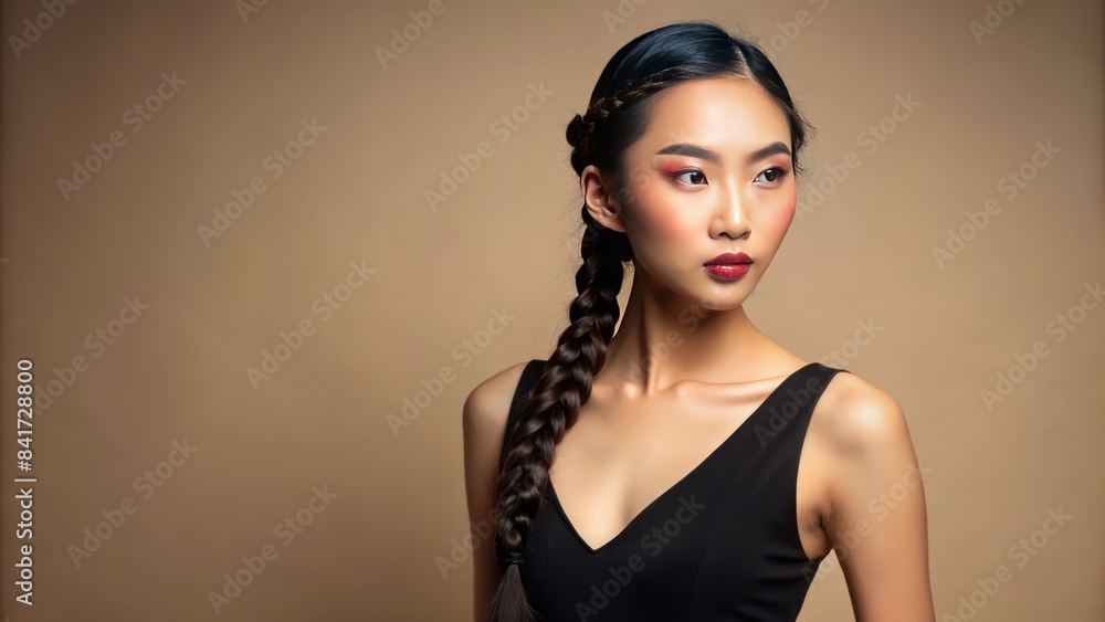 Elegant Asian Female Model Flaunts Sleek Braids Fitted Black Dress