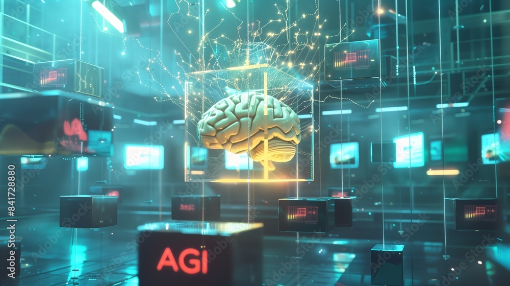 Artificial General Intelligence abstract concept. AGI evolution, quantum computing, advanced ...