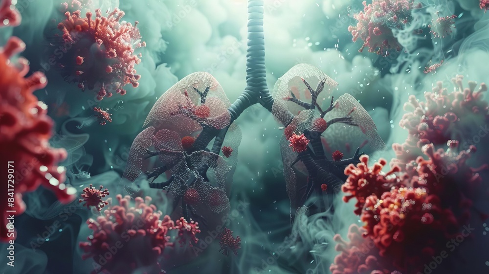 A surreal 3D animation scene of a microscopic battlefield within human ...