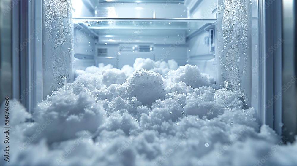 In-depth of a wide silver refrigerator freezer door, with snow and ice ...