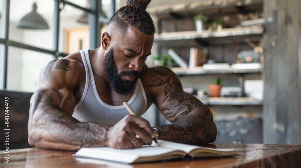 A muscular man with tattoos is writing in a notebook at a wooden table ...