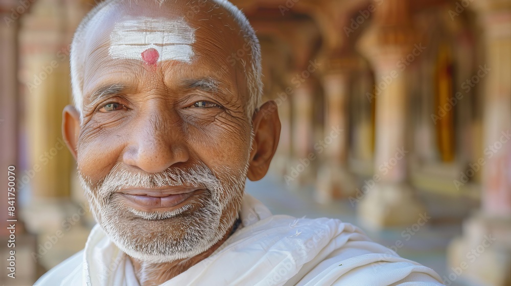 face closeup of an old indian jain monk in white robe giving a light ...