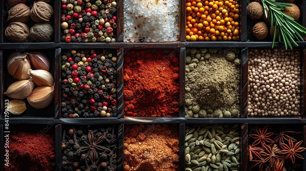 Spice grid with square segments in a full-frame backdrop captivated ...