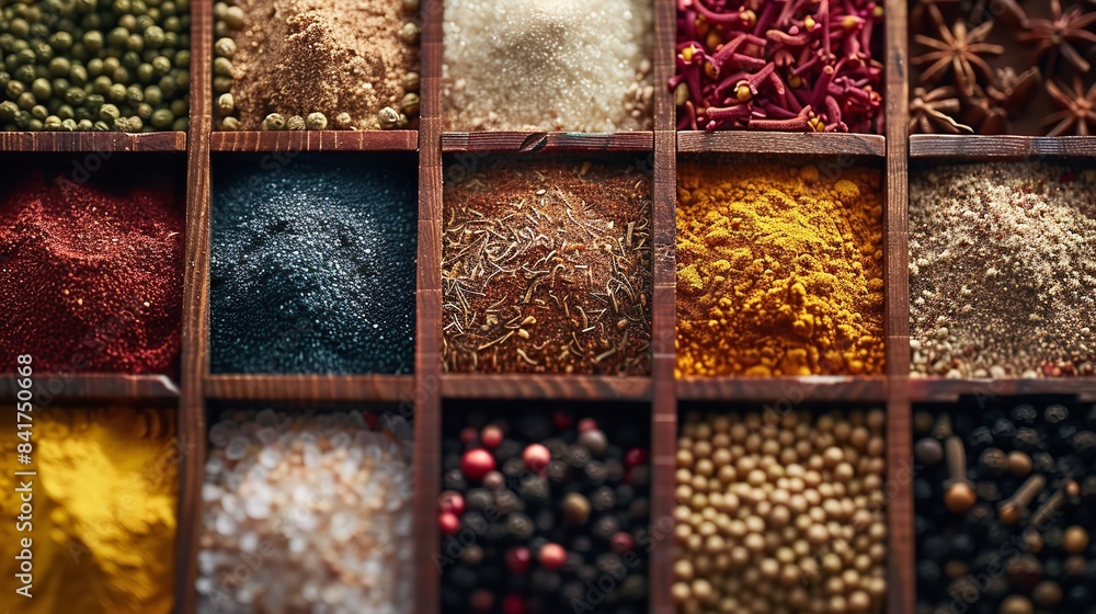 Spice grid with square segments in a full-frame backdrop captivated ...