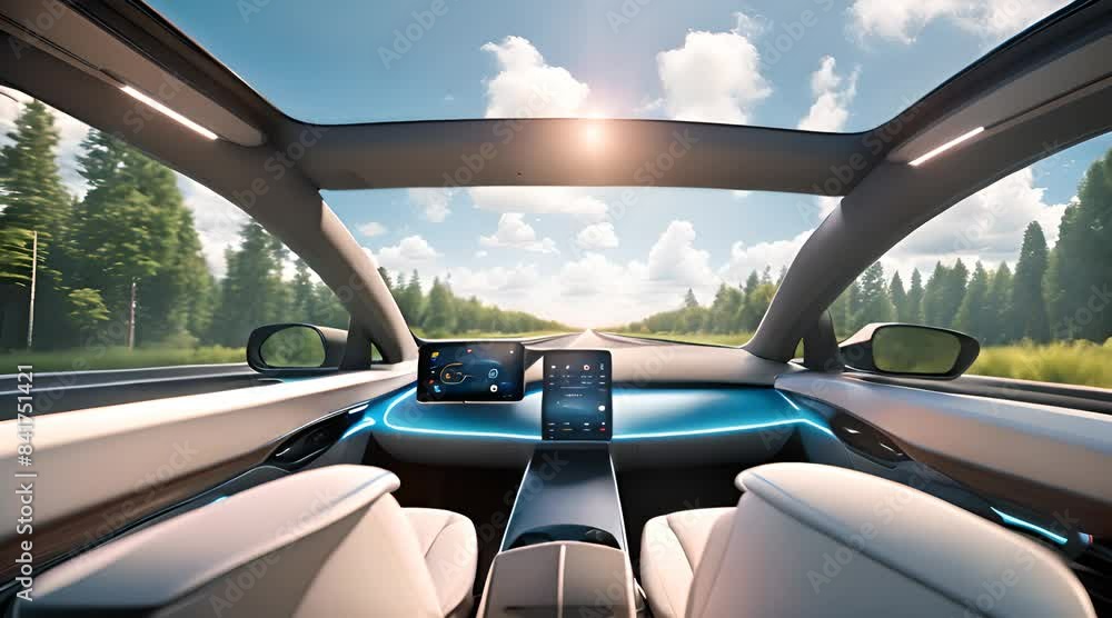 View from inside An autonomous self-driving car navigates on the ...