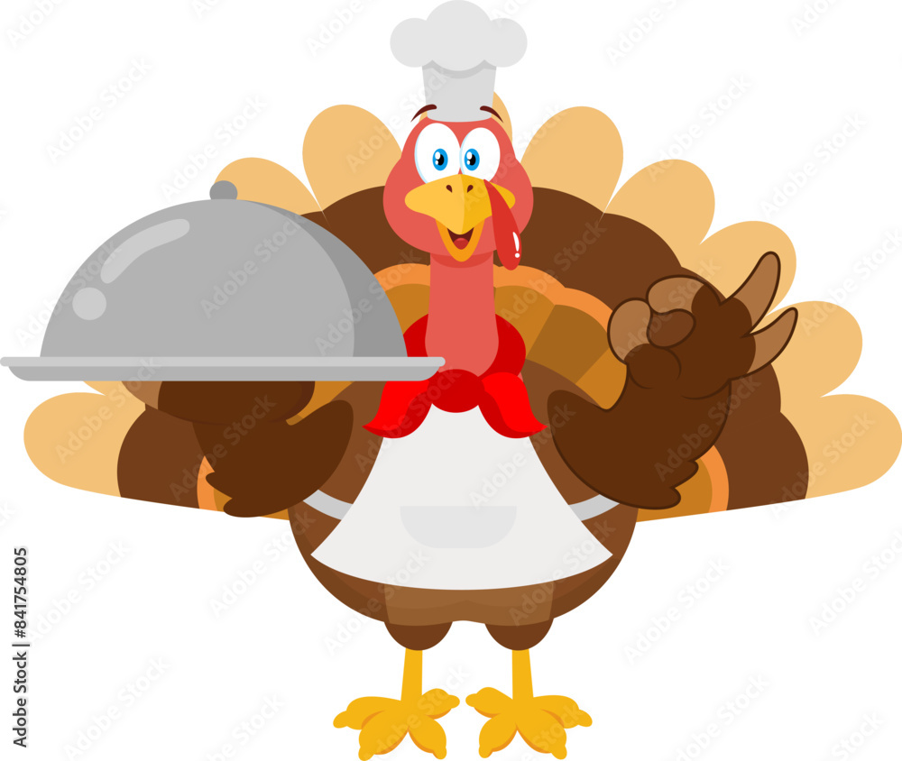 Cute Turkey Chef Cartoon Character Serving Food In A Sliver Platter ...