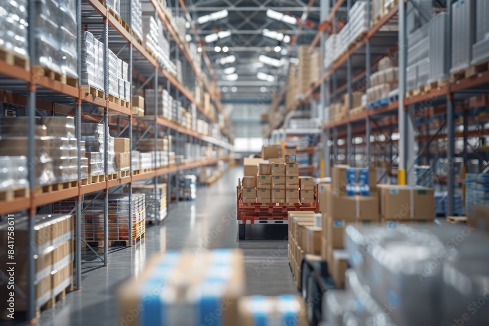 Large warehouse interior with shelves stacked with boxes and packages ...